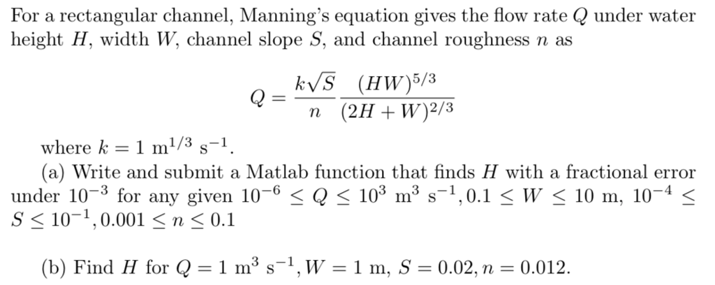 Solved For a rectangular channel, Manning's equation gives | Chegg.com