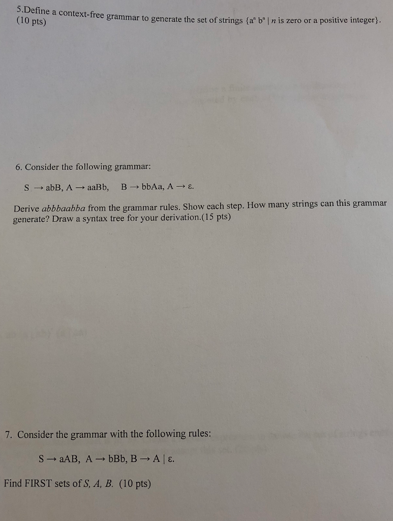 Solved 5. Define a context- free grammar to generate the set | Chegg.com