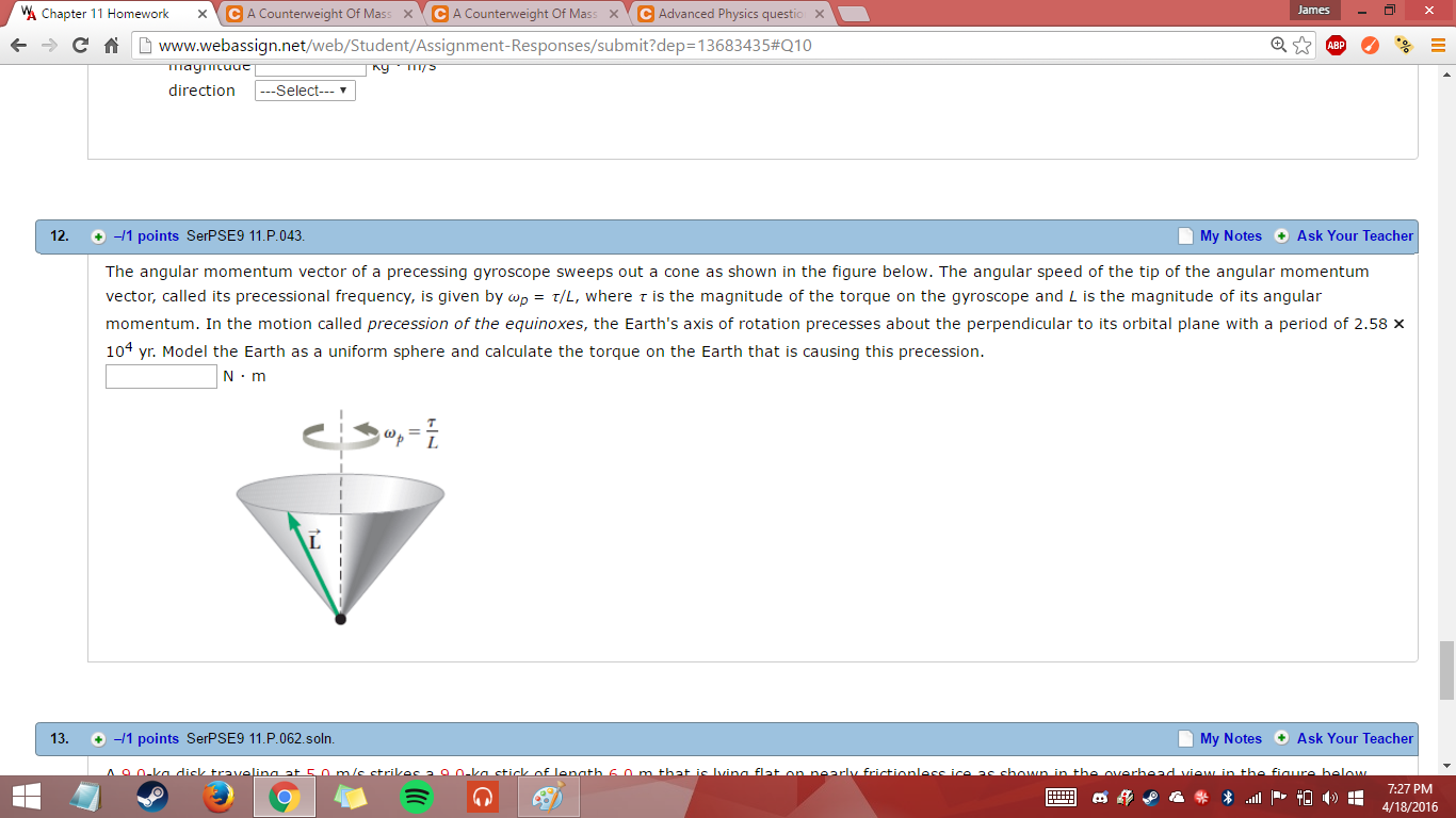 Solved The angular momentum vector of a processing gyroscope | Chegg.com