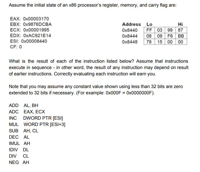 Solved Assume the initial state of an x86 processor's | Chegg.com