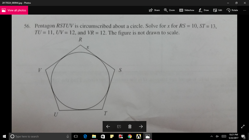 Solved Pentagon RSTUV is circumscribed about a circle. Solve | Chegg.com