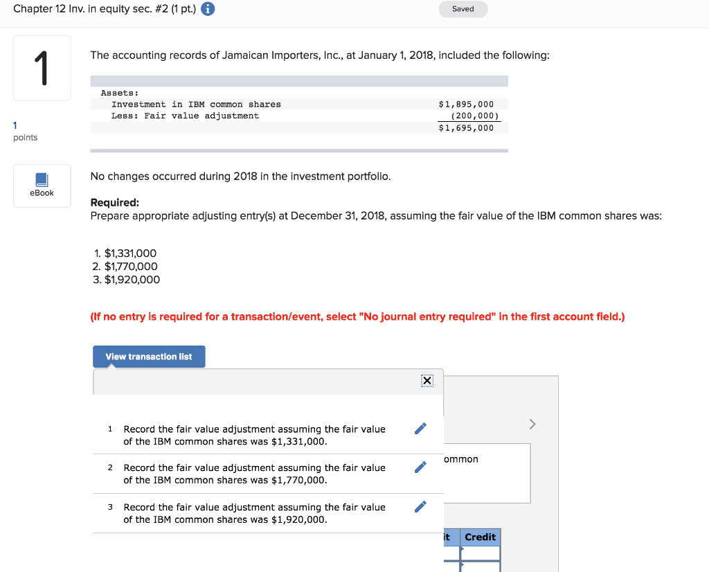 Solved Chapter 12 Inv. in equity sec. #2 (1 pt.) Saved The | Chegg.com