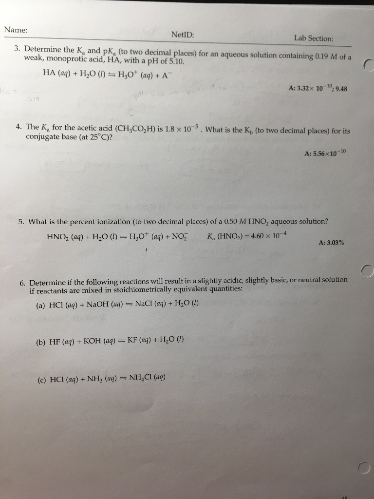 Solved Name: NetID: Lab Section: 3. Determine the K, and pK, | Chegg.com