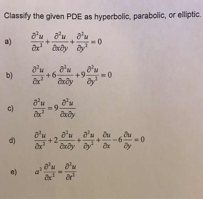 Solved Classify the given PDE as hyperbolic, parabolic, or | Chegg.com