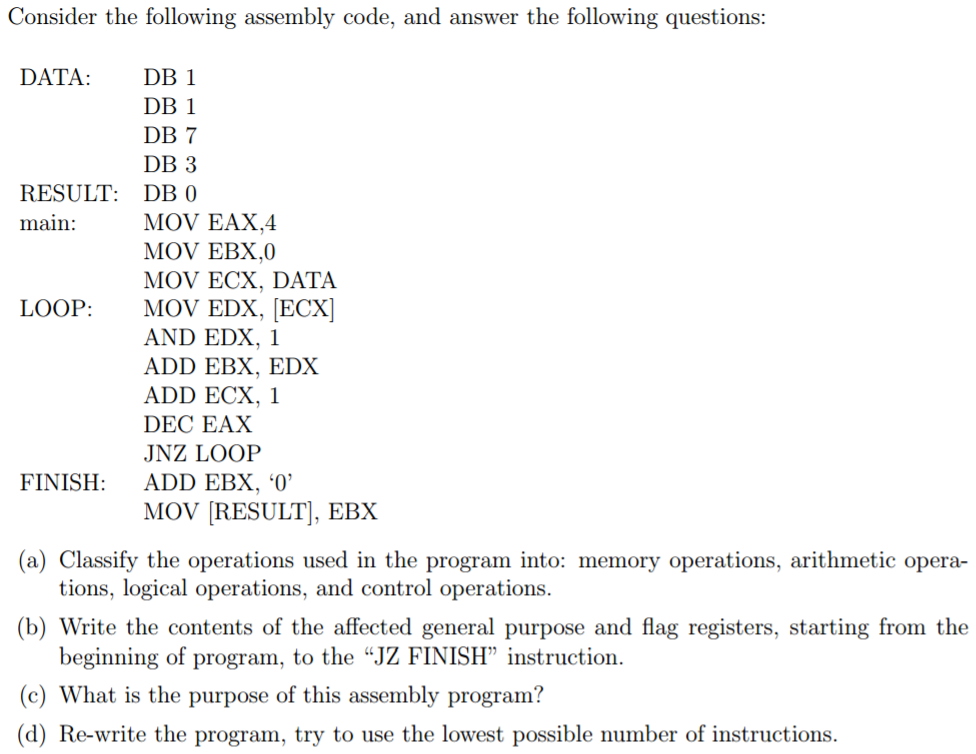 Consider the following assembly code, and answer the | Chegg.com