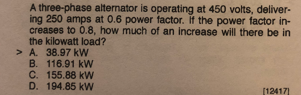 Solved A three-phase alternator is operating at 450 volts, | Chegg.com