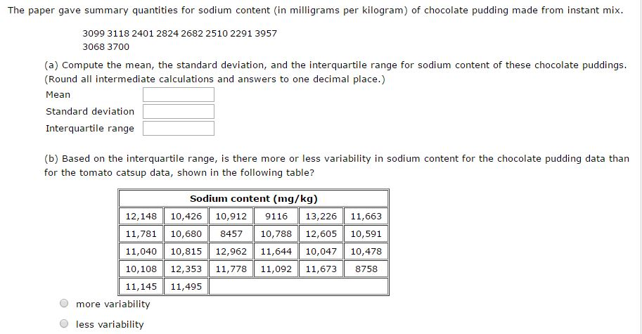 Solved The paper gave summary quantities for sodium content | Chegg.com