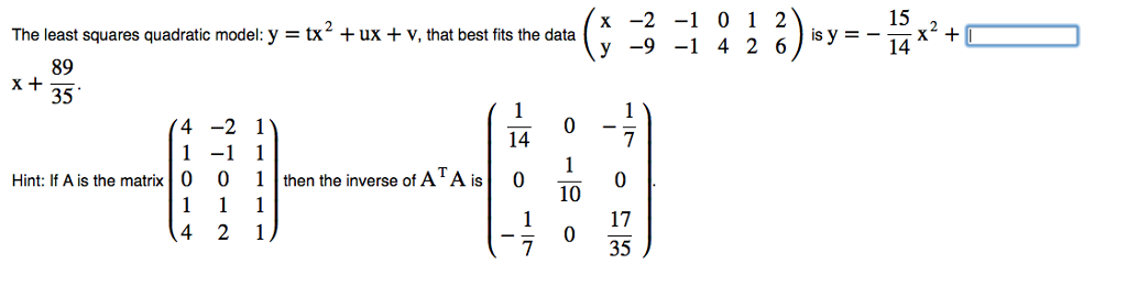 Solved The least squares quadratic model: y = tx^2 + ux + v, | Chegg.com