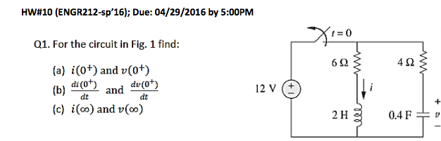 Solved For the circuit in Fig. 1 find: i(0^+) and v(0^+) | Chegg.com