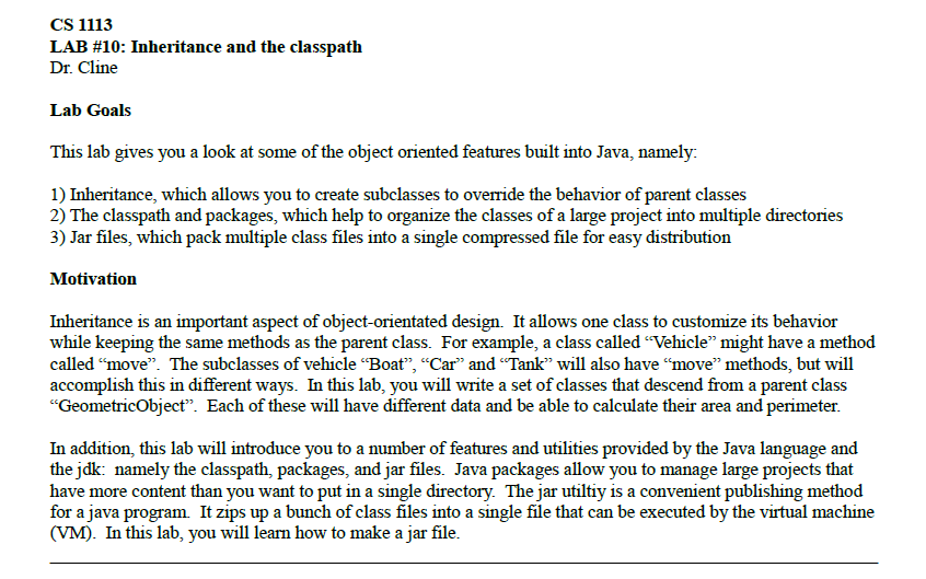 Solved CS 1113 LAB #10: Inheritance and the classpath Dr | Chegg.com