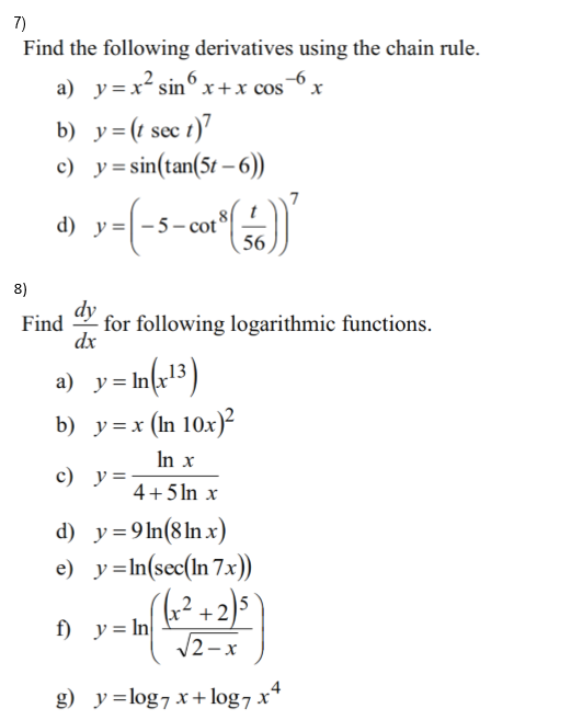 Solved Find the following derivatives using the chain rule | Chegg.com