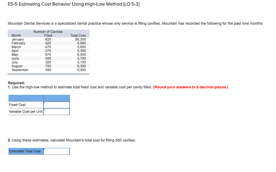Solved E5-5 Estimating Cost Behavior Using High-Low Method | Chegg.com