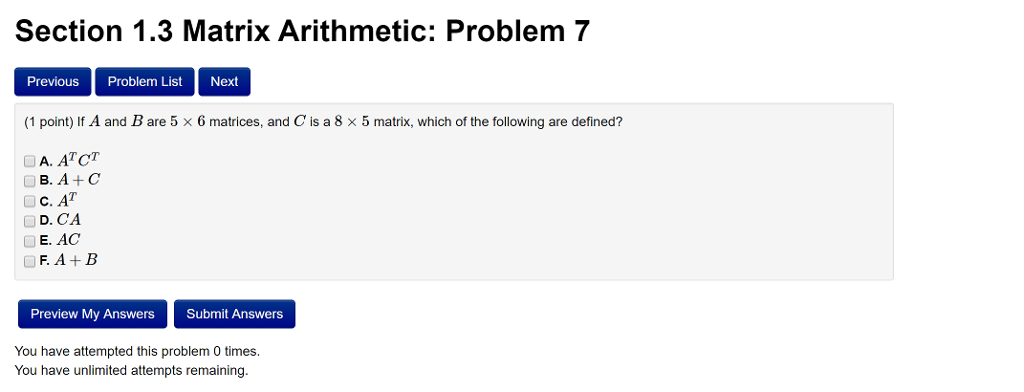 Solved Section 1.3 Matrix Arithmetic: Problem 7 Previous | Chegg.com