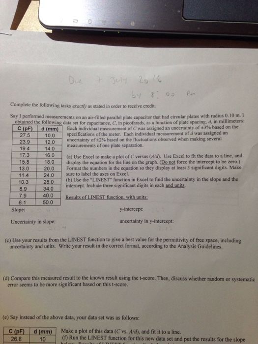 Solved Physics excel help. What am I suppose to do with d? | Chegg.com