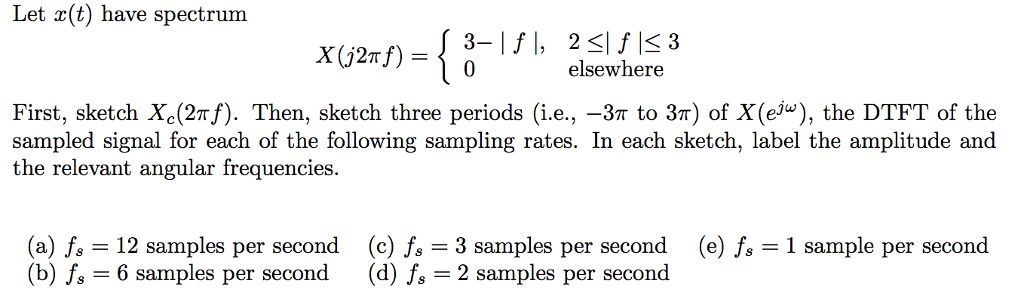 Solved Let x(t) have spectrum X(j 2 pi f) = {3 - |f|, 2 | Chegg.com
