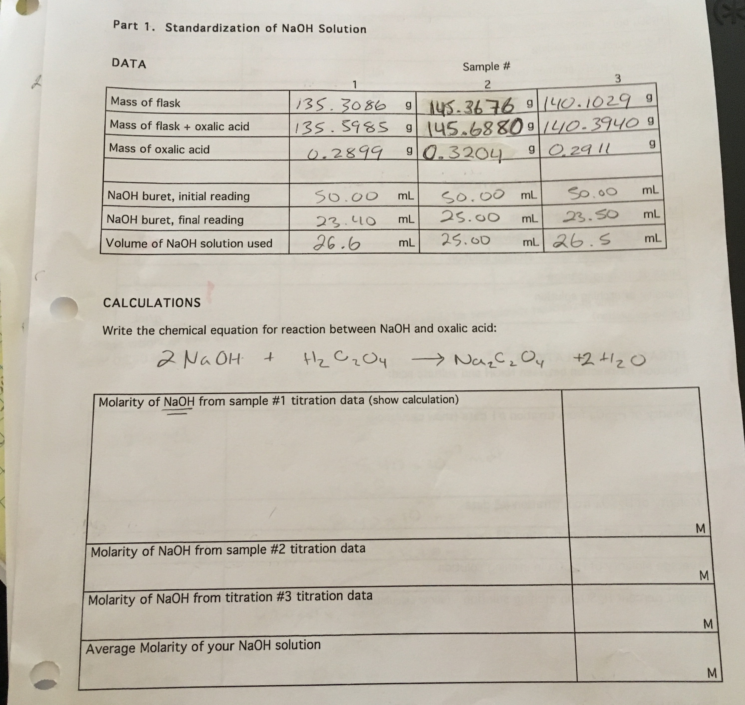 Solved Standardization of NaOH Solution DATA CALCULATIONS | Chegg.com