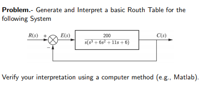 Solved Problem.- Generate and Interpret a basic Routh Table | Chegg.com