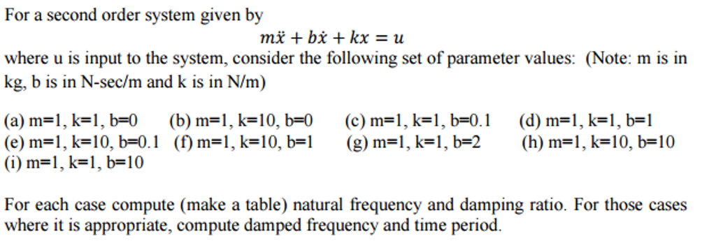 Solved For a second order system given by mx + bx + kx = u | Chegg.com