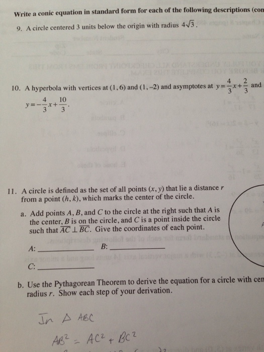 Solved Write a conic equation in standard form for each of | Chegg.com