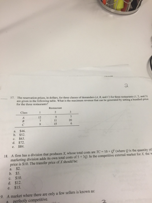 Solved The reservation prices, in dollars, for three classes | Chegg.com