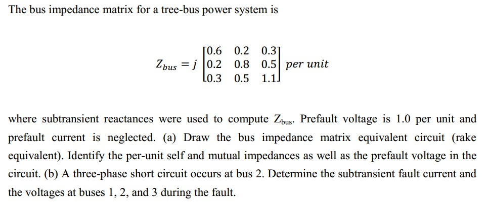 The bus impedance matrix for a tree-bus power system | Chegg.com