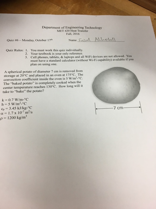 Solved A spherical potato of diameter 7 cm is removed from | Chegg.com