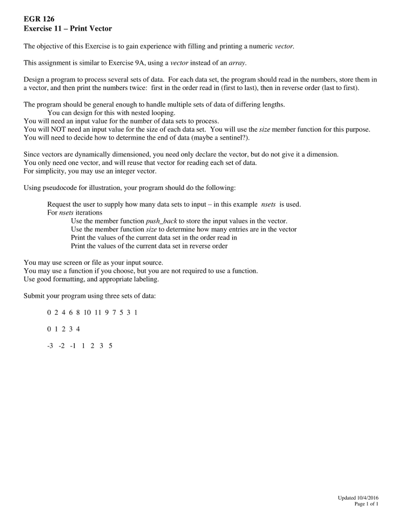 Solved EGR 126 Exercise 11 -Print Vector The objective of | Chegg.com