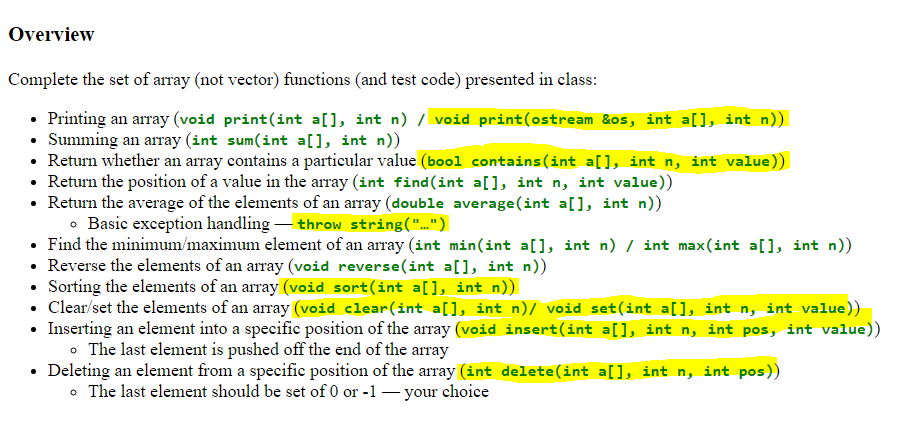 Solved Complete the set of array (not vector) functions (and | Chegg.com