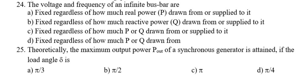Solved 24. The voltage and frequency of an infinite bus-bar | Chegg.com