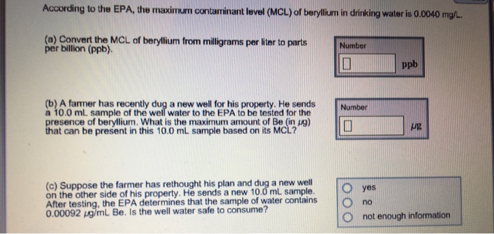 Solved According to the EPA the maximum contaminant level ( | Chegg.com
