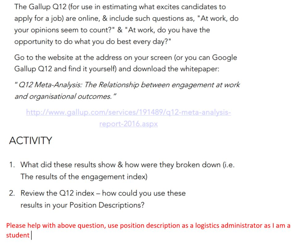 Solved The Gallup Q12 (for use in estimating what excites | Chegg.com