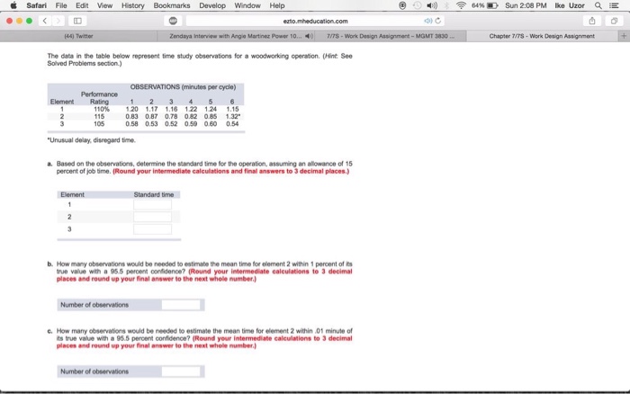 Solved The data in the table below represent time study | Chegg.com