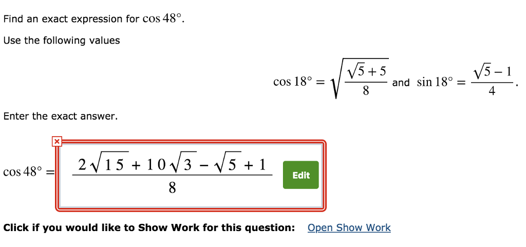 Solved Find an exact expression for cos 48 Use the following | Chegg.com