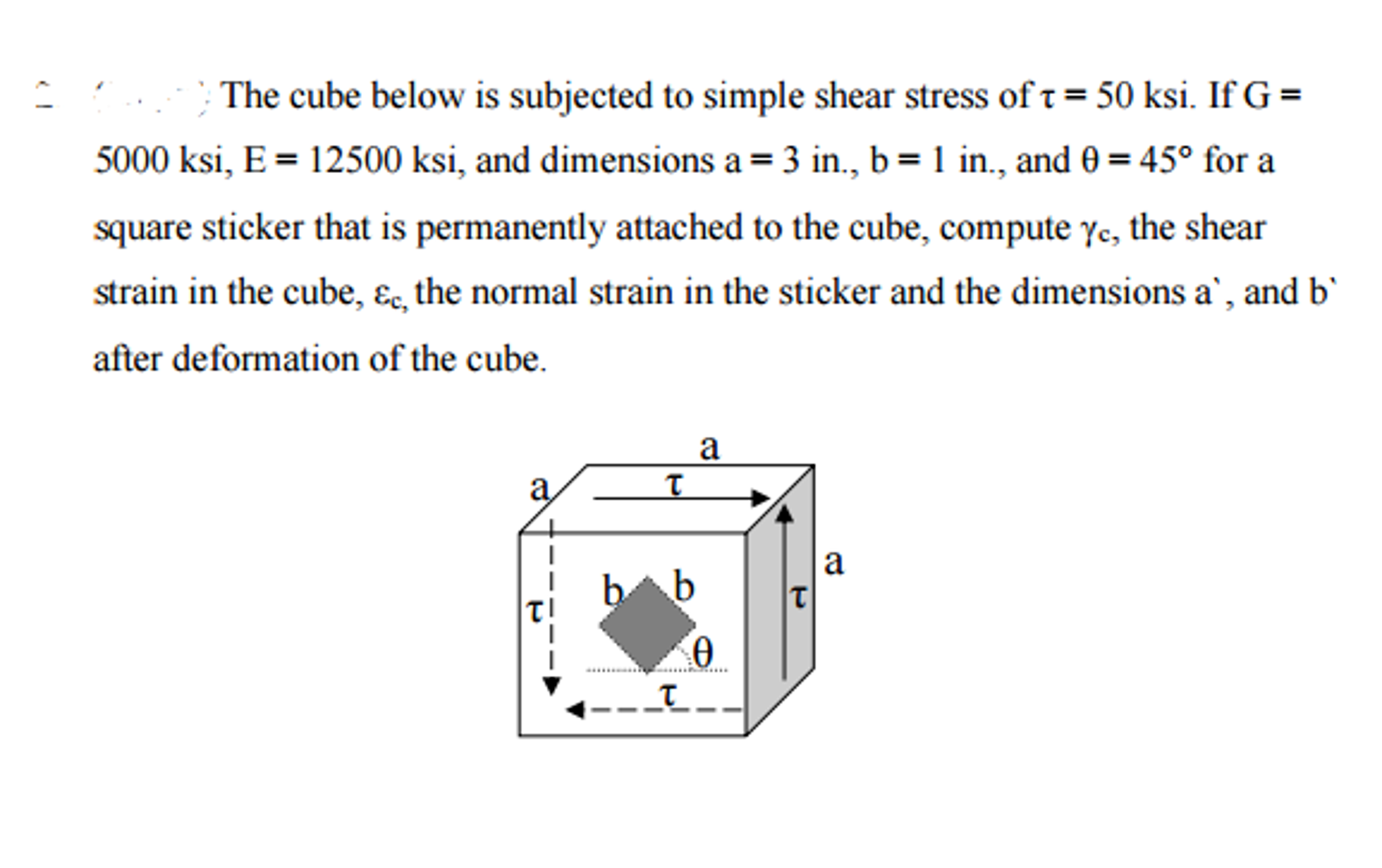Solved The cube below is subjected to simple shear stress of | Chegg.com