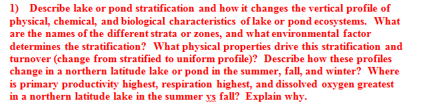 Solved 1) Describe lake or pond stratification and how it | Chegg.com