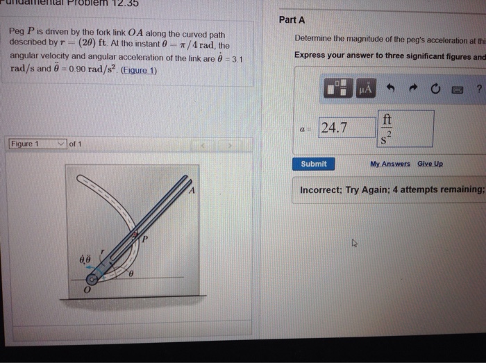 Solved Peg P is driven by the fork link OA along the curved | Chegg.com