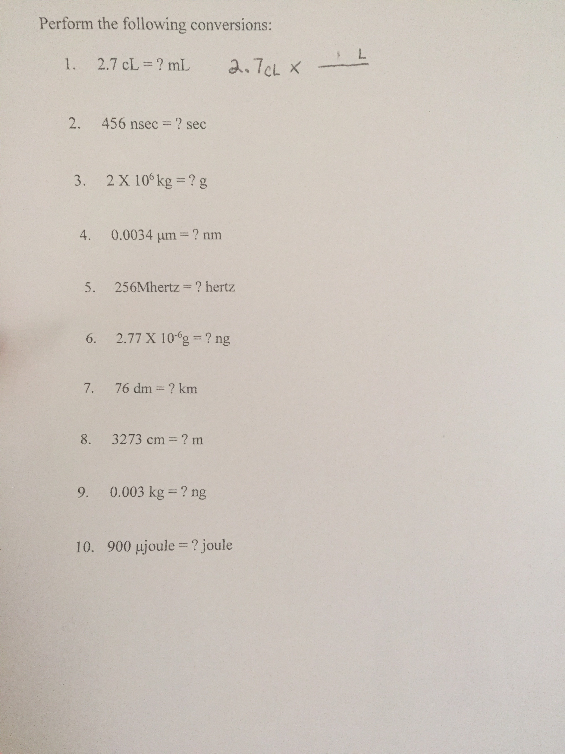 Solved Perform the following conversions: 2.7 cL = ? mL | Chegg.com