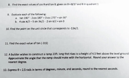 Solved 8. Find the exact values of cos theta and tan theta, | Chegg.com