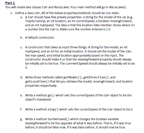 Solved Part 1 You will create two classes Car and RaceLane. | Chegg.com