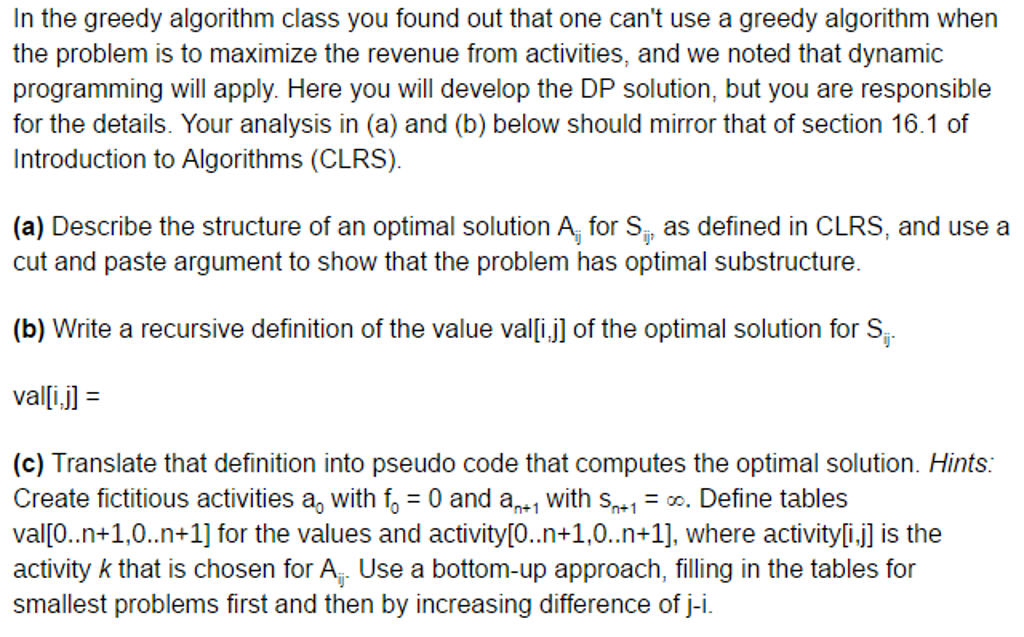 Solved Activity Scheduling w/ Revenue - Algorithms | Chegg.com