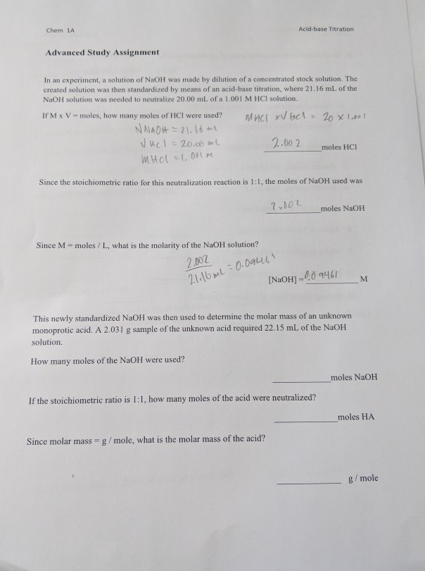 Solved Chem 1A Acid-base Titration Advanced Study Assignment | Chegg.com