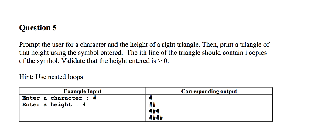 Solved Question5 Prompt the user for a character and the | Chegg.com