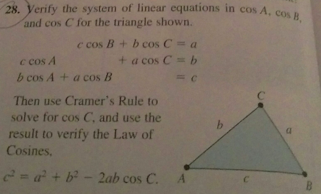 Solved Verify the system of linear equations in cos A, cos | Chegg.com