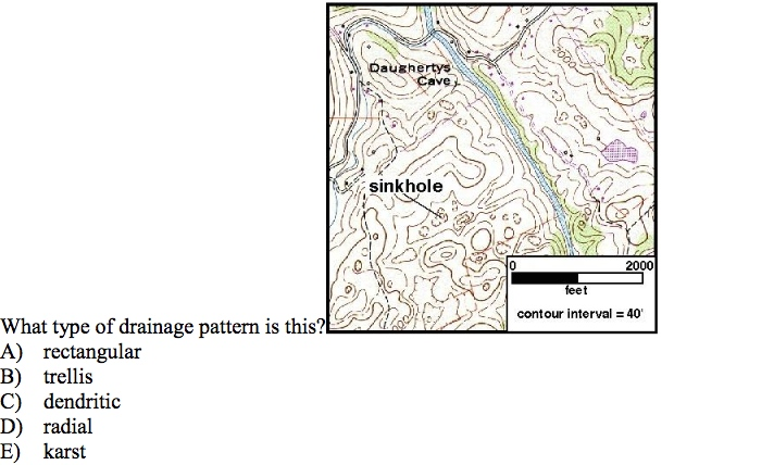 Solved What type of drainage pattern is this? A) | Chegg.com