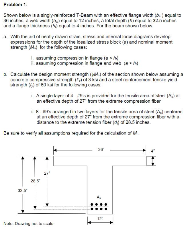 Problem 1 Shown below is a singly-reinforced T-Beam | Chegg.com