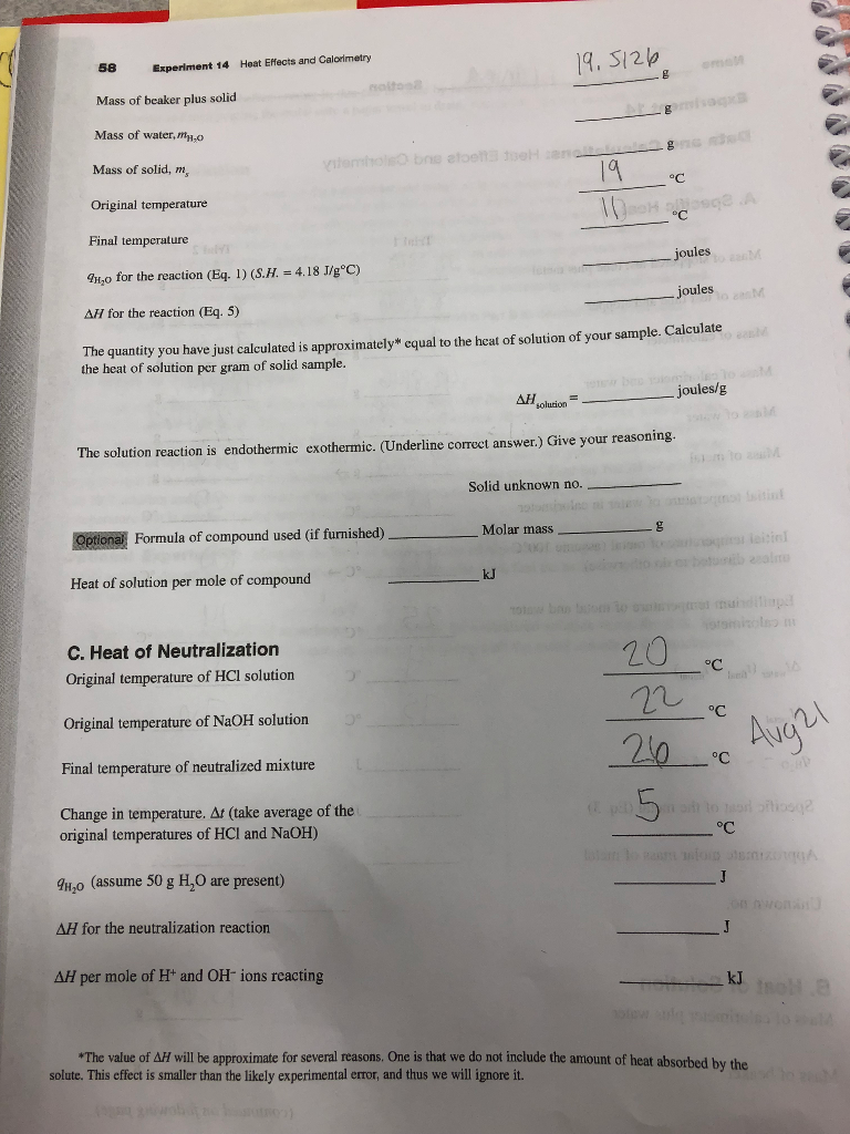 Experiment 14 Data and Calculations: Heat Effects and | Chegg.com