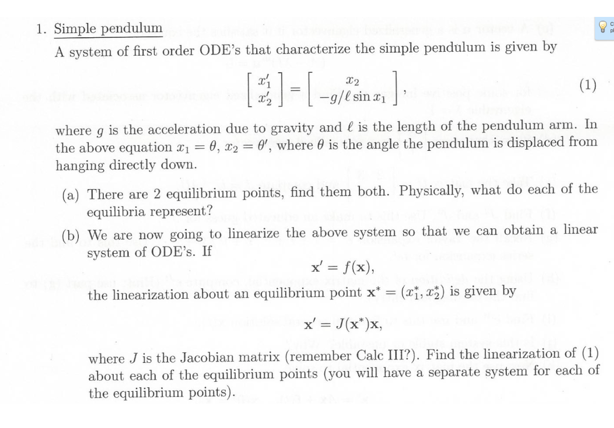 Simple pendulum A system of first order ODE's that | Chegg.com