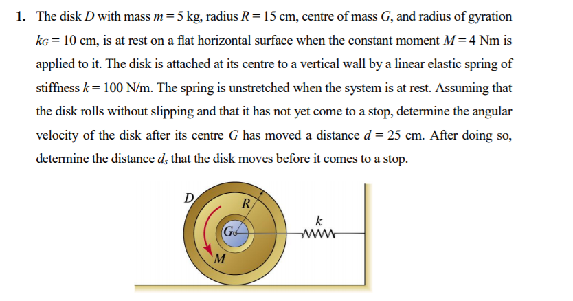 Solved The disk D with mass m = 5 kg, radius R = 15 cm, | Chegg.com