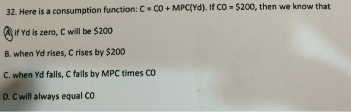Solved 32. Here is a consumption function: C = CO + MPC(Yd). | Chegg.com