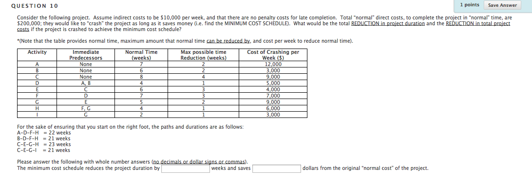 Consider the following project. Assume indirect costs | Chegg.com Consider the following project. Assume indirect costs | Chegg.com